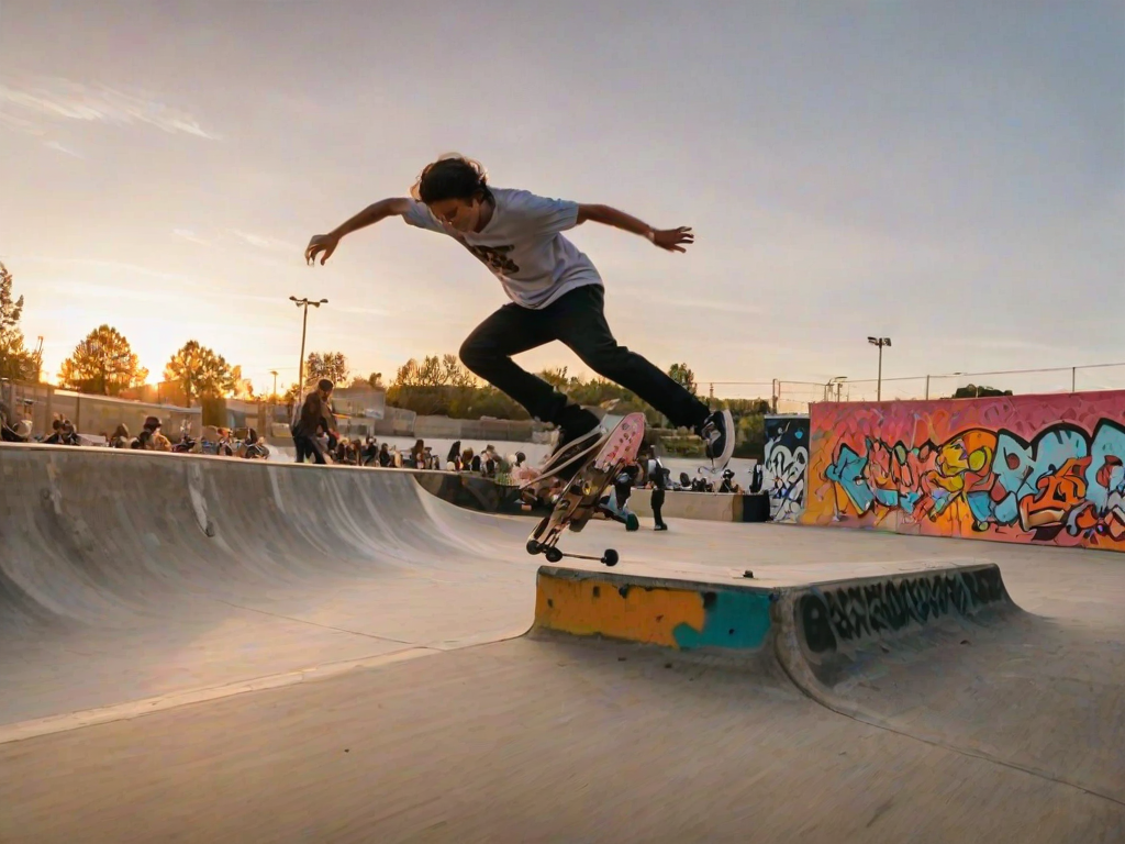 Skateboarder Performs Impressive Trick at Sunset in Vibrant Skate Park