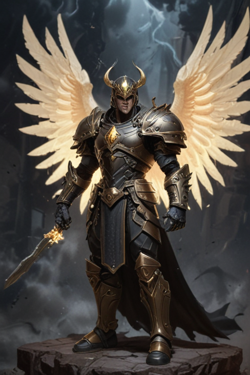 Stormcast Eternal with wings and lantern, dark fantasy art, black and ...