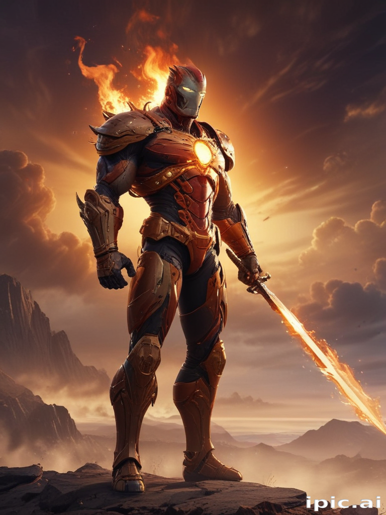 Epic Warrior in Fiery Armor Standing Tall Against a Dramatic Sunset
