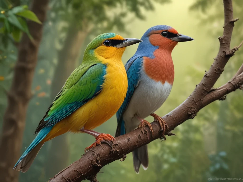 Two Colorful Birds Perched Together on a Branch in Nature