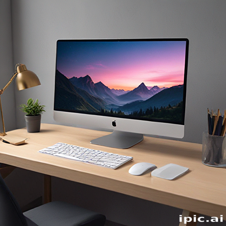 Stylish Workspace Featuring a Modern Computer and Scenic Mountain Wallpaper