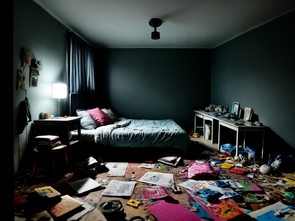 dark room, messy bed, man inside the room