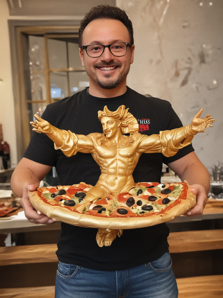 A large golden statue of Tony Gemignani holding a pizza