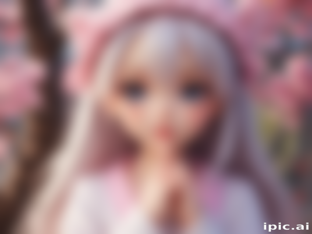 Delicate Doll Surrounded by Blossoming Cherry Trees in Soft Spring Light