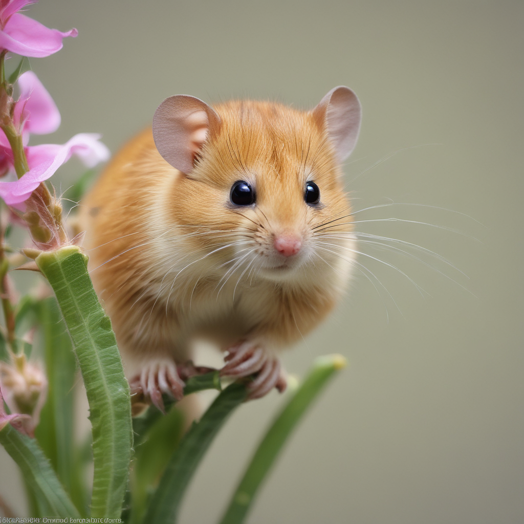 adorable dormouse standing on back legs to smell a flower