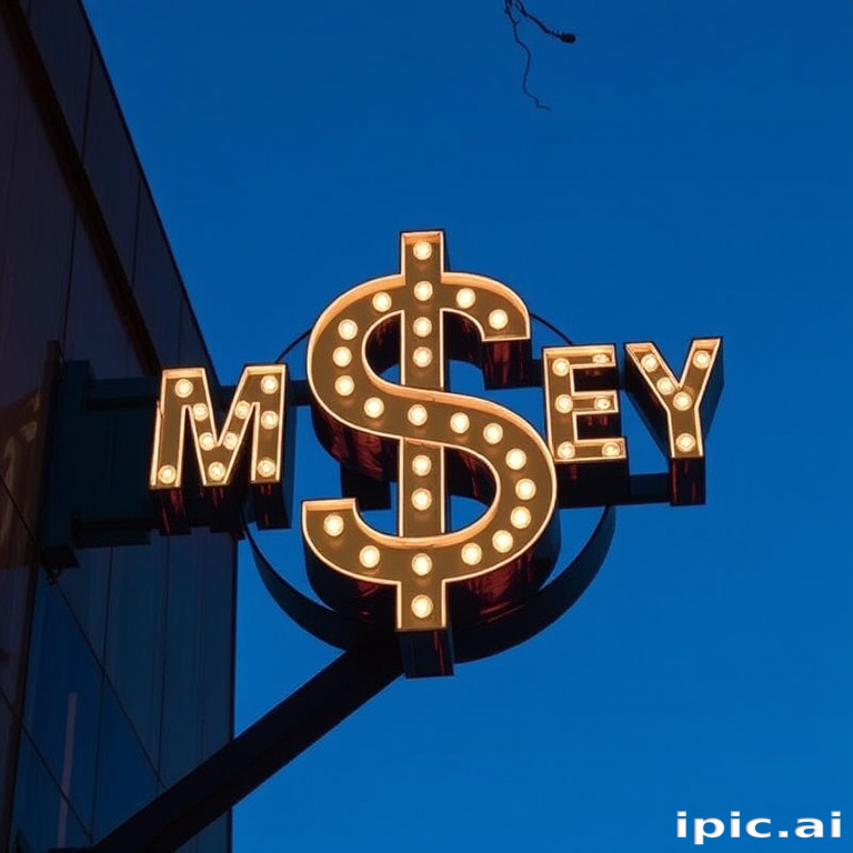 Illuminated Dollar Sign with the Word 'MONEY' Against a Blue Sky