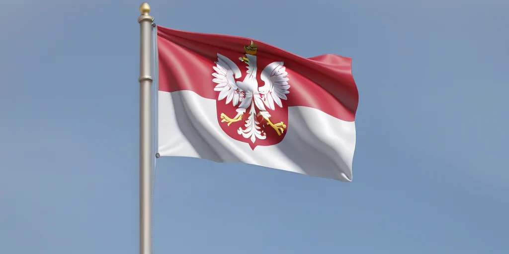 Polish Flag Featuring the National Emblem of a White Eagle Design