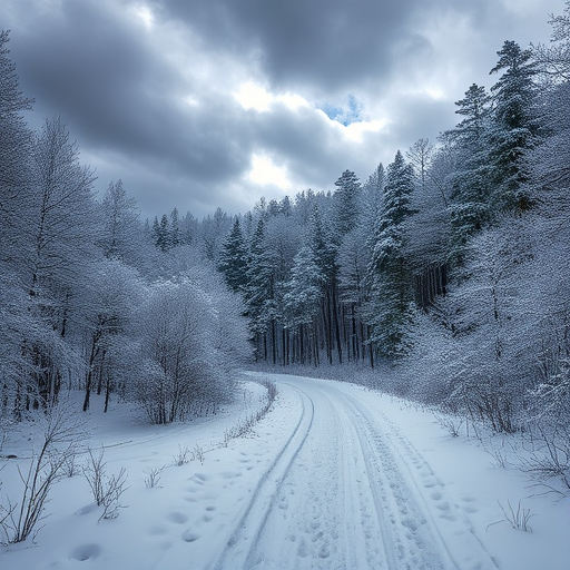 Winter Wonderland: A Serene Snow-Covered Path Through Majestic Pine Trees