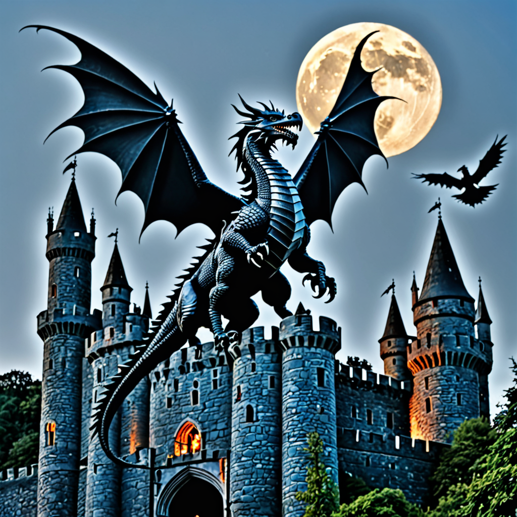 dragon infront of spooky castle with knight on horse with sword and ...
