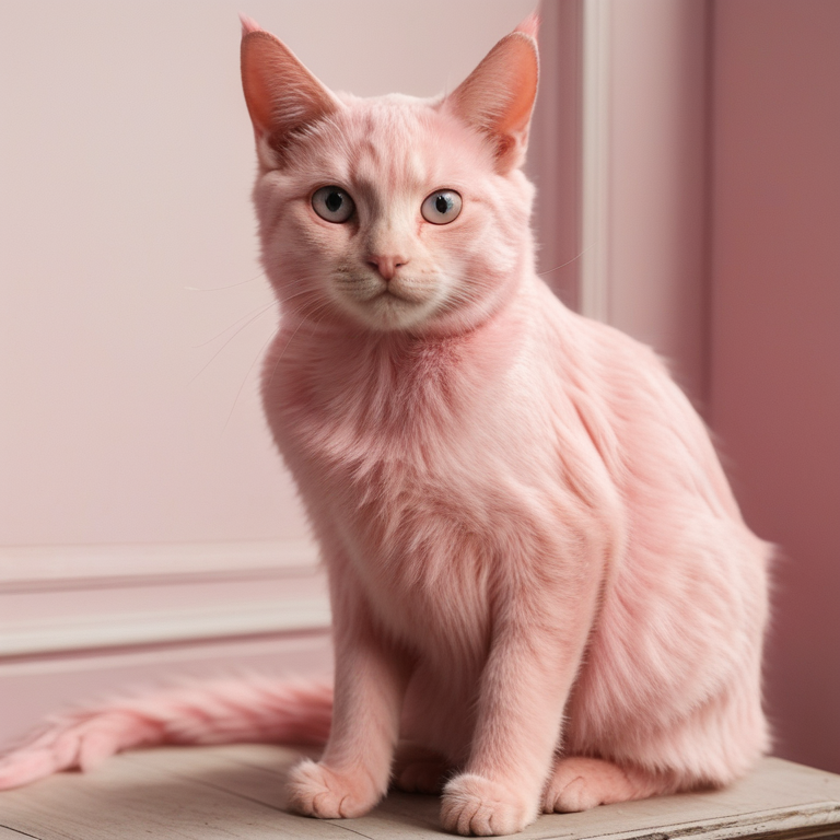 A Playful Pink Cat Posing Elegantly Against a Soft Pastel Background.