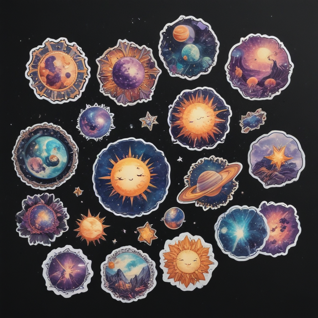 Colorful Stickers Featuring Celestial Bodies and Whimsical Sun Illustrations in Space