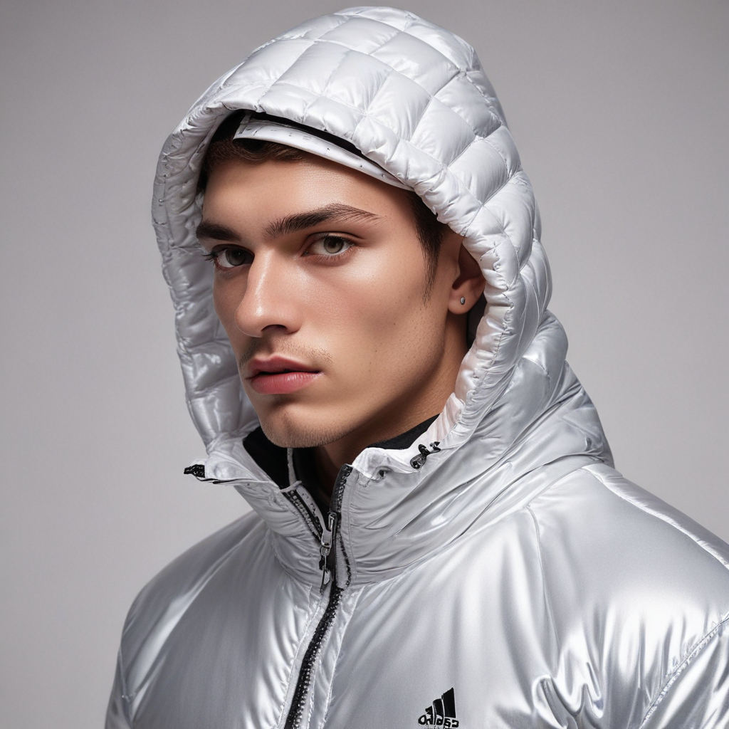 male supermodel adidas shiny super puffer jacket bling jewellery hood