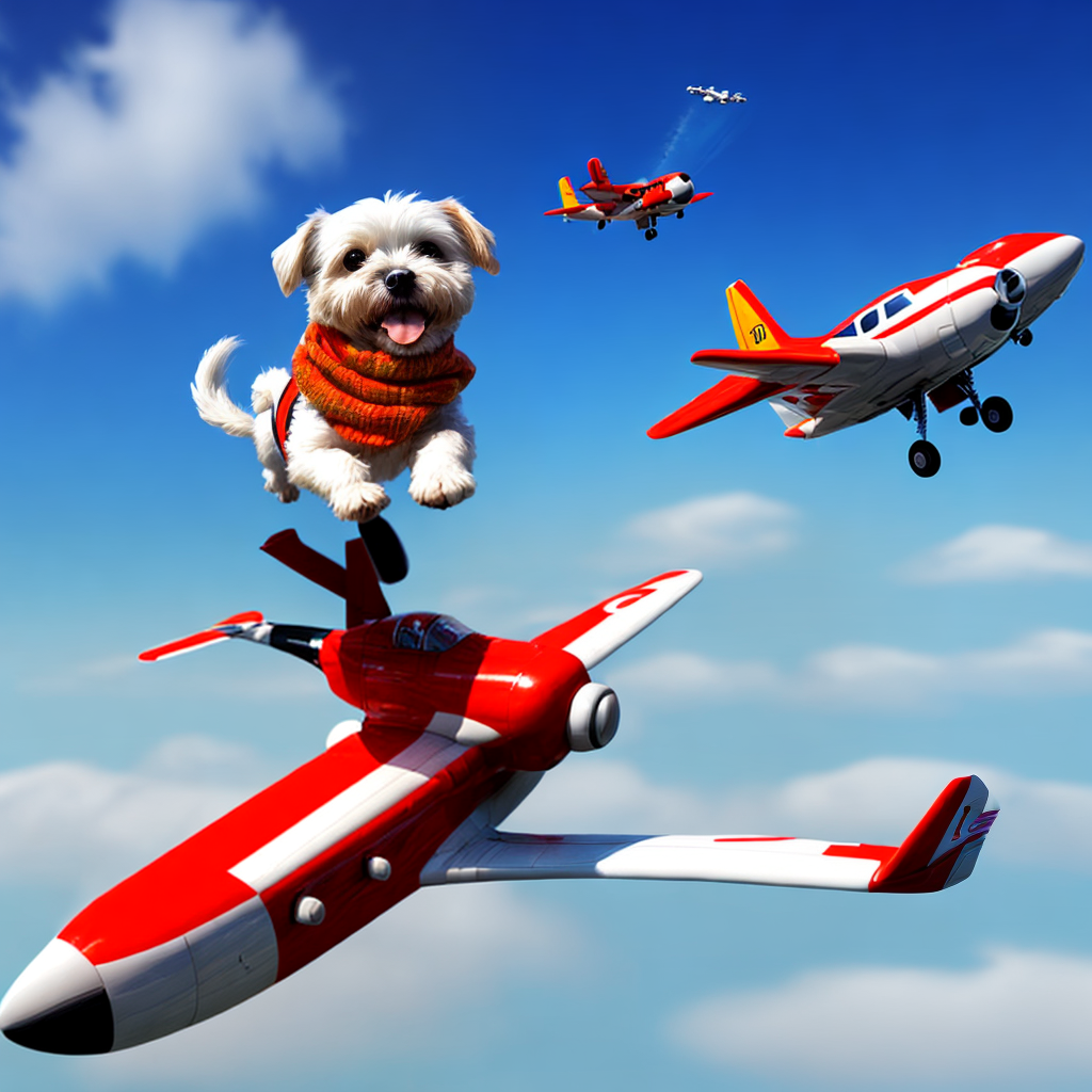 adorable Maltese dog piloting cartoonish airplane, goggles, helmet ...