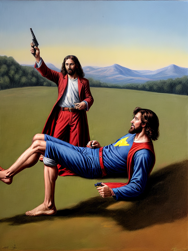 jesus pointing gun at donald trump
