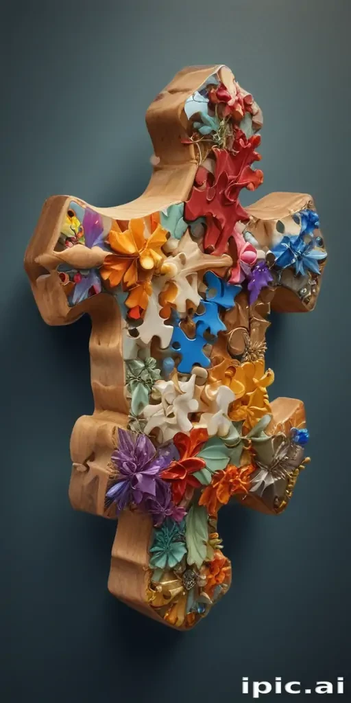 Colorful Wooden Puzzle Piece Decorated with Flowers and Artistic Elements