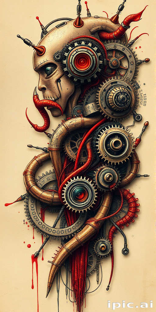 Mechanical Fusion: A Surreal Portrait of Cyborgs and Gears Intertwined