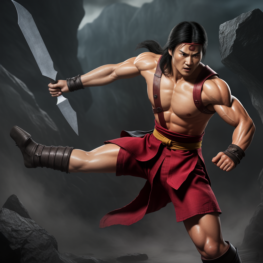 Dynamic Warrior in Action, Brandishing a Sword Amidst Dark Rocky Landscape