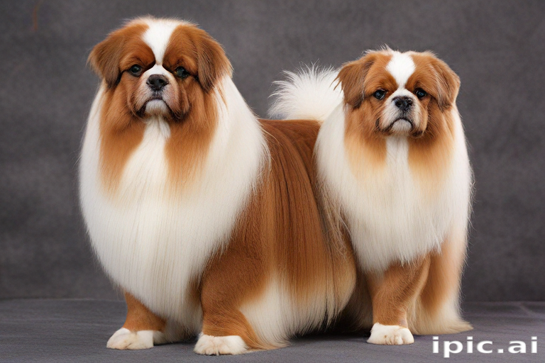 Two Adorable Dogs with Fluffy Coats Posing Together Against a Gray ...