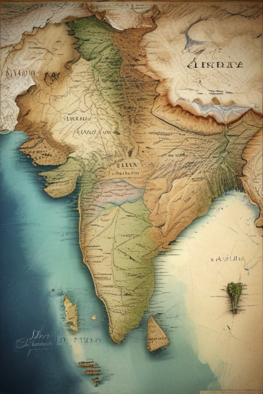 Intricate Hand-Drawn Map Showcasing the Diverse Landscapes of India