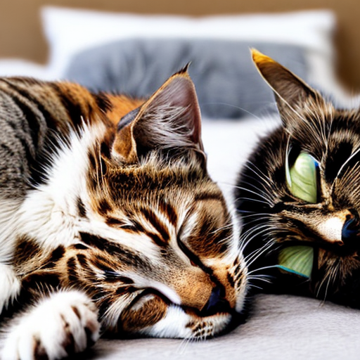 two cats sleeping on bed, one brown, one grey and white, like the ...