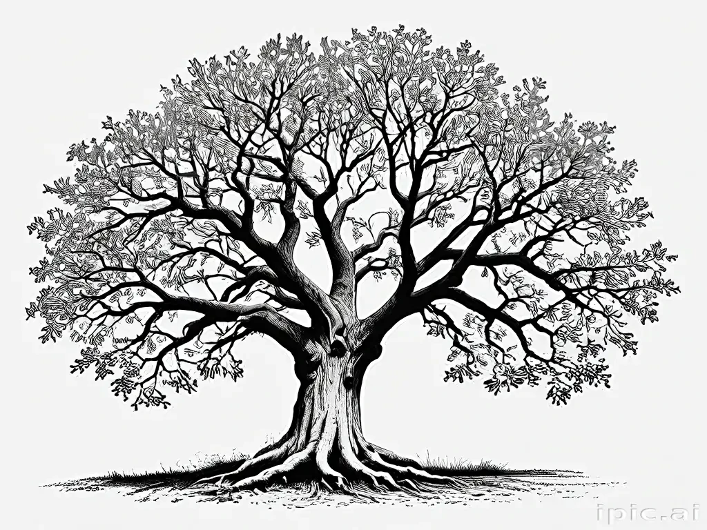 Intricate Black and White Illustration of a Majestic Tree with Detailed ...