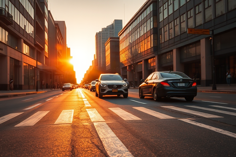 Sunset Over City Streets: Cars Driving Through Urban Landscape at Dusk.