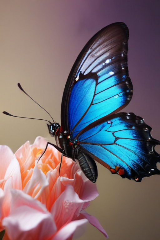 A Vibrant Blue Butterfly Delicately Perched on a Beautiful Pink Flower