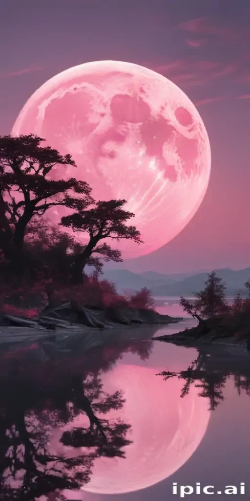 Majestic Pink Moon Reflecting Over a Serene Lake at Dusk