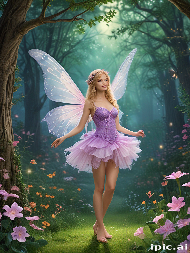 Enchanting Fairy in a Magical Forest Surrounded by Colorful Flowers