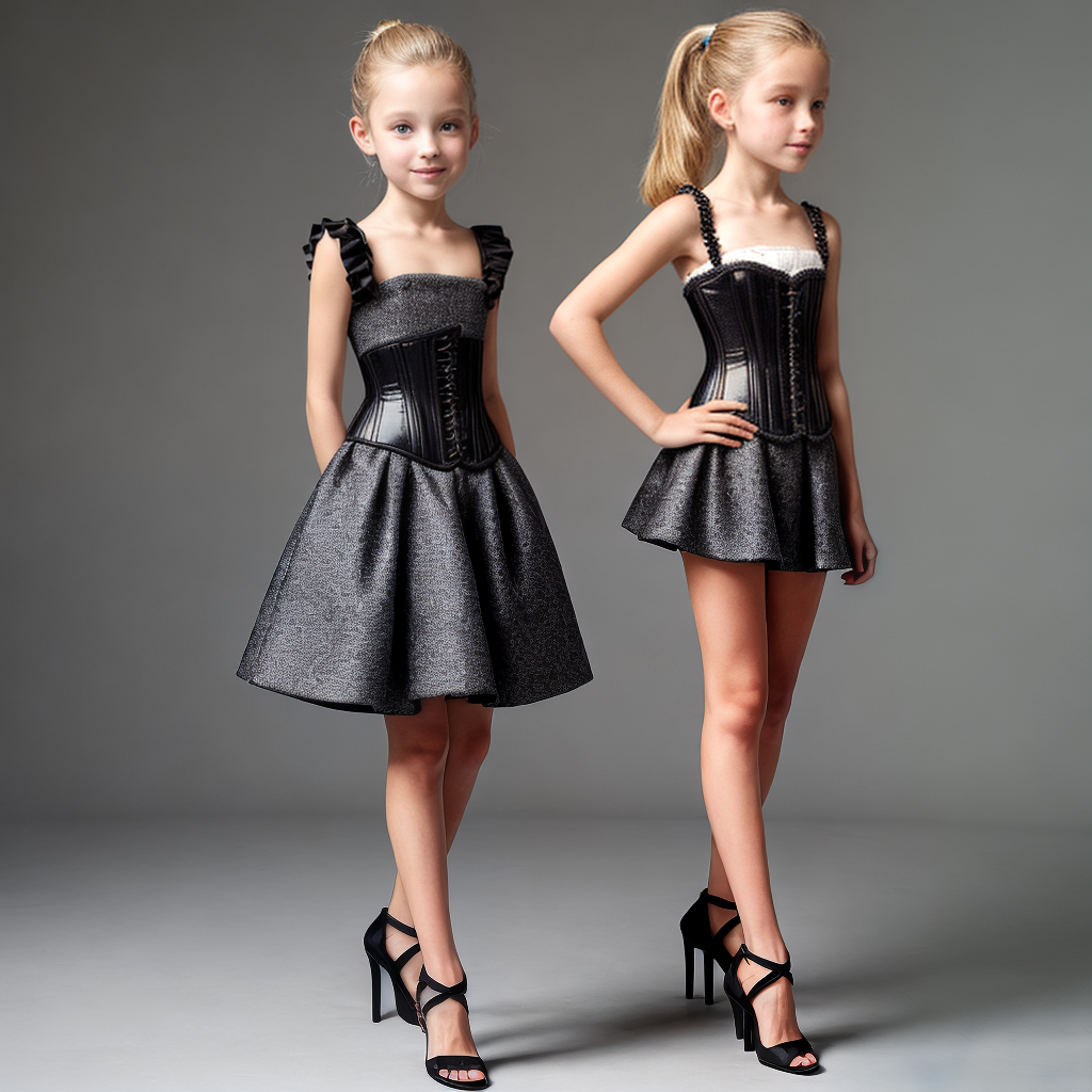 elementary school student modelling on catwalk, narrow corset, high ...