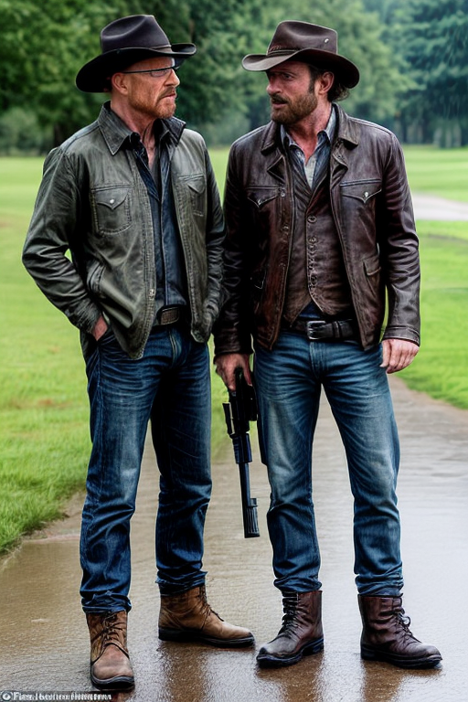 heisenberg and rick grimes discussing battle plans in the rain holding ...