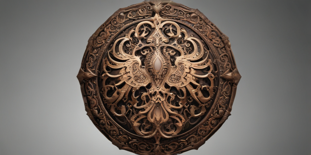 Ornate Bronze Shield Featuring Intricate Designs of Two Majestic Birds.