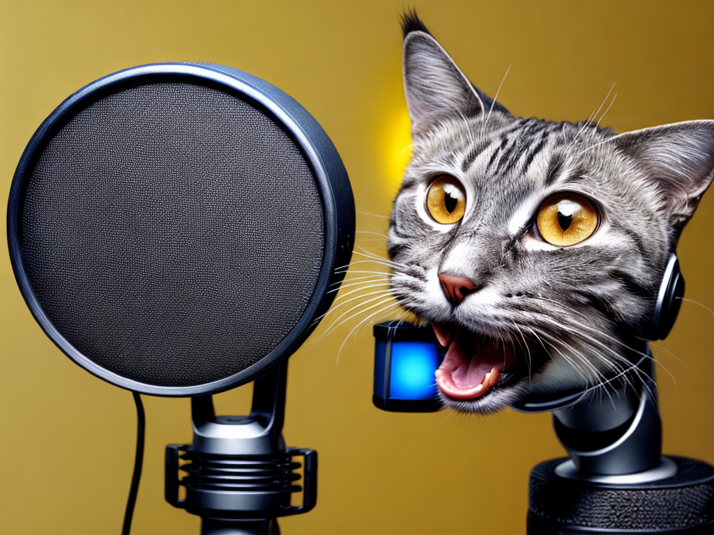 Cat singing into microphone, recording studio