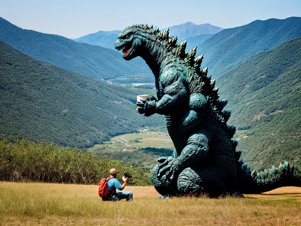 godzilla drinking coffee