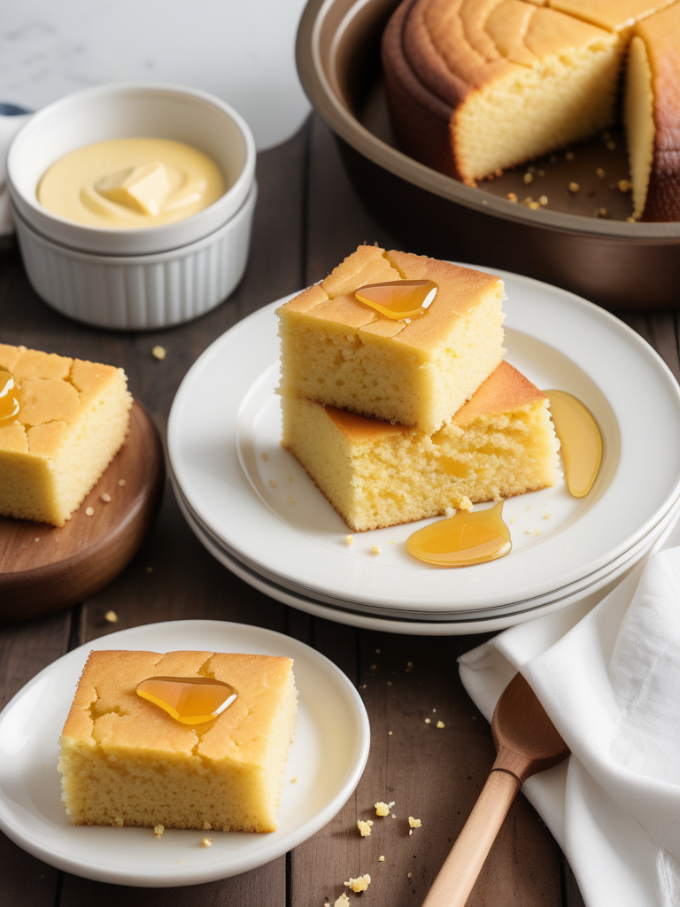 Deliciously Moist Honey Drizzled Cornbread Served on Elegant White Plates