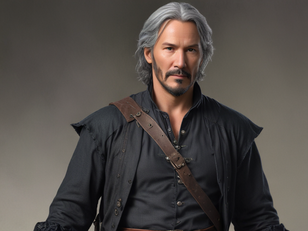 Keanu Reeves with grey hair as a medieval pirate full body image