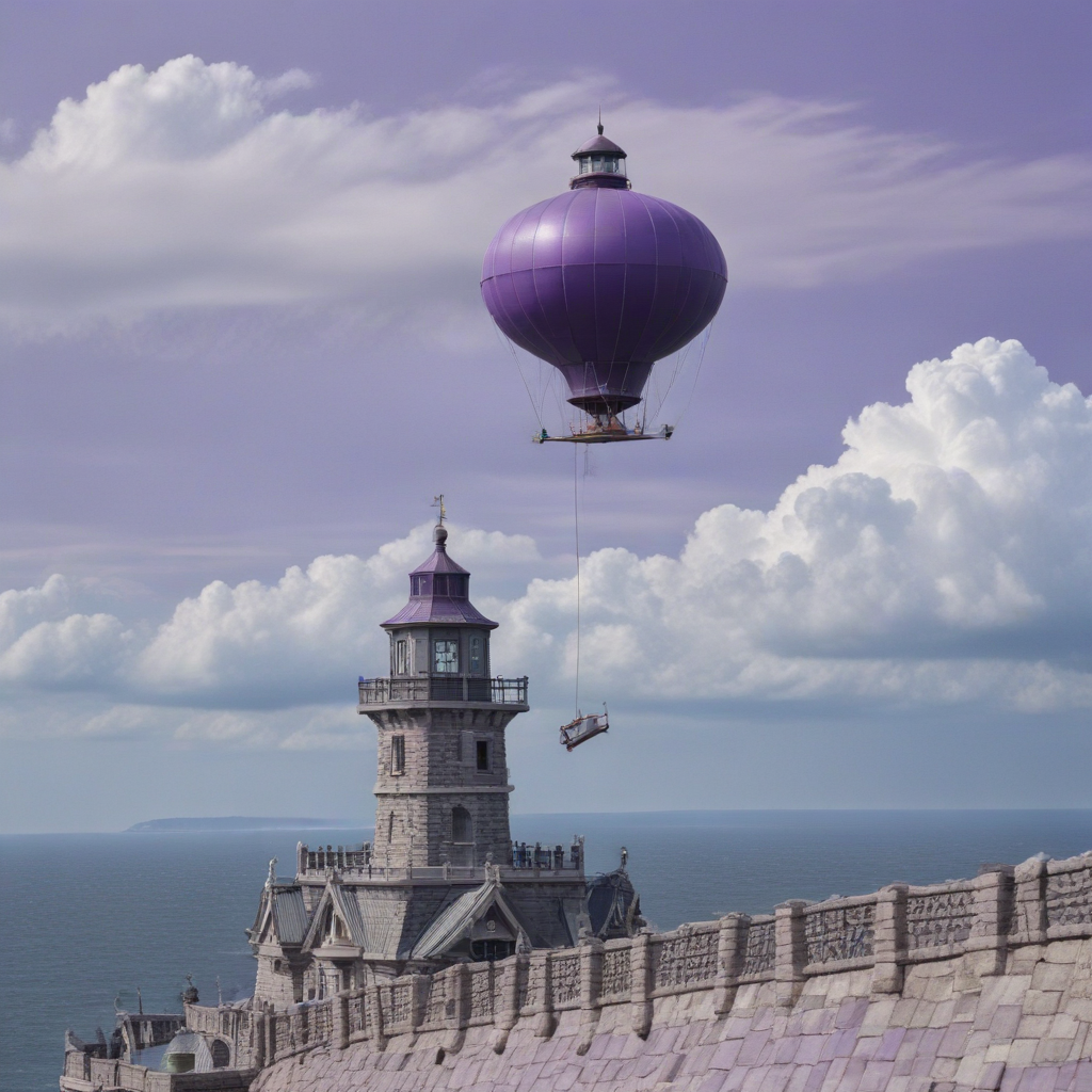 gray airship sailing on a cloudy sky above a purple lighthouse in a ...