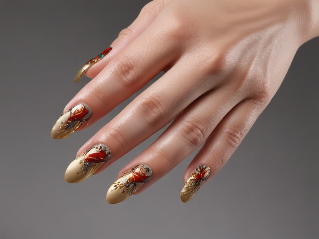 Elegant Hand with Intricate Nail Art Featuring Vibrant Colors and Designs