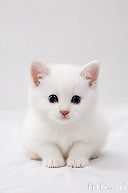 Adorable fluffy white kitten with big blue eyes sitting cutely.
