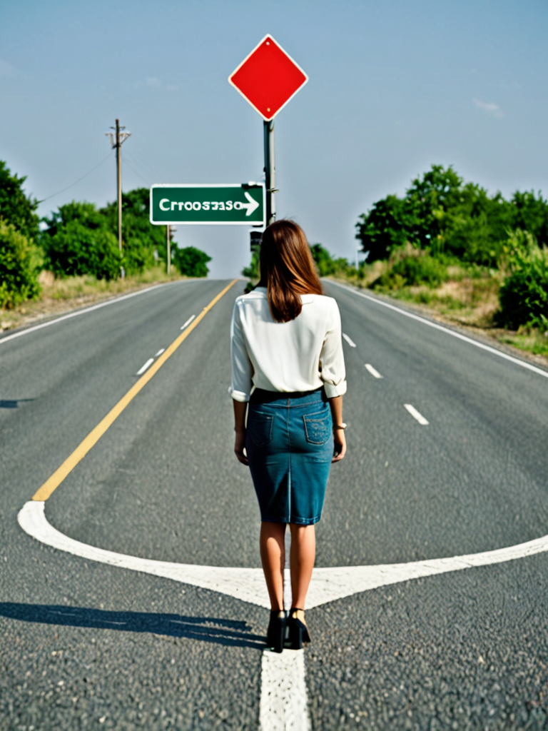A woman is standing at a crossroads. She is lost. There are no road signs.