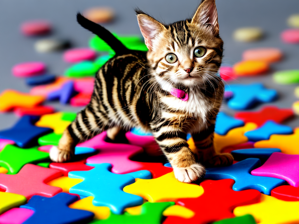 Tabby kitten standing on coloured puzzle pieces