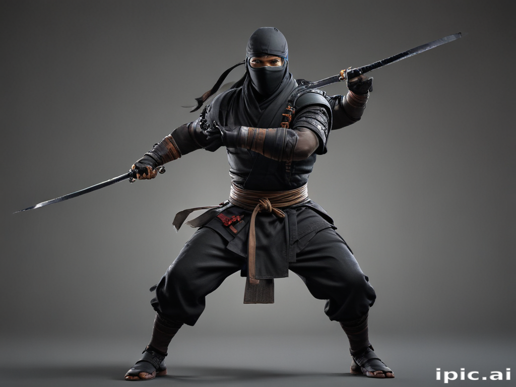 A Stealthy Ninja Warrior Poised for Battle with Dual Swords Drawn.