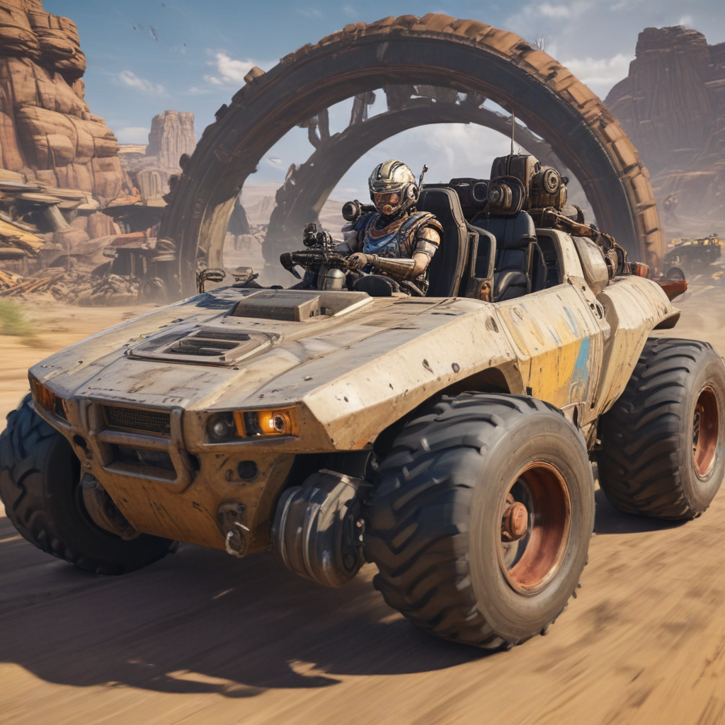 baby in armor driving at the center of the large circular rubber tire ...