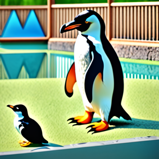create a 3d illustration penguin and a dog and a cat in a zoo