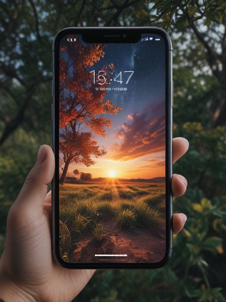 Hand Holding Smartphone Displaying Stunning Sunset Over Lush Green ...