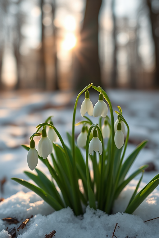 Delicate Snowdrops Emerging Through Soft Snow in Early Springtime Sunshine