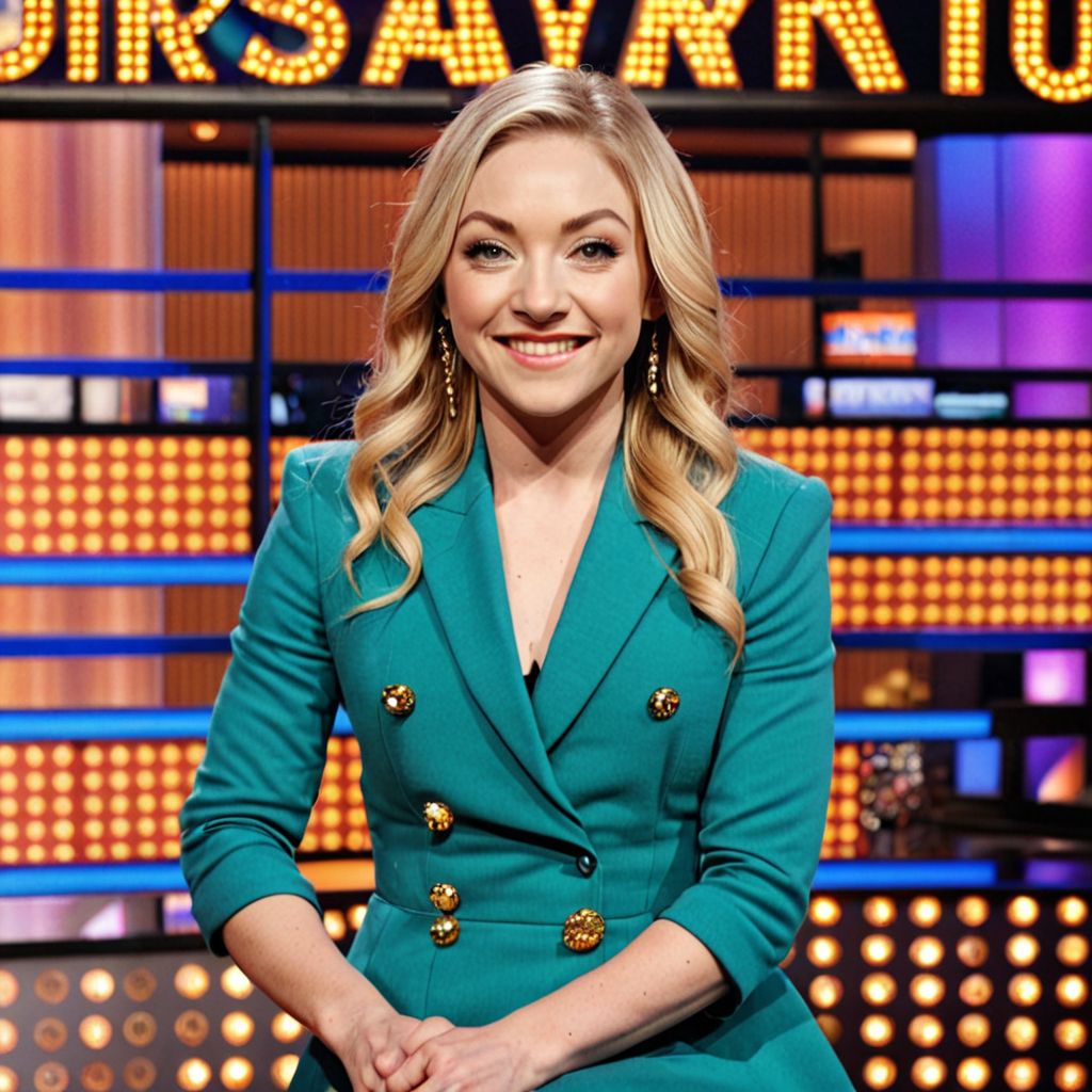 emily kinney as a game show host, wide-angle photo