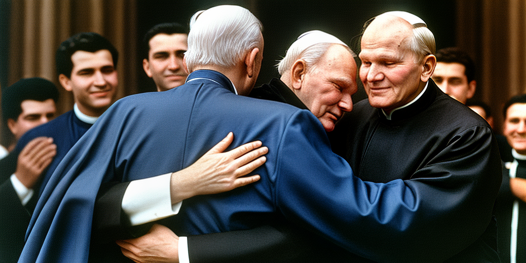 Saint John Paul II hugging Saint John Bosco