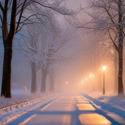 Enchanting Winter Scene: Snowy Pathway Illuminated by Soft Street Lights