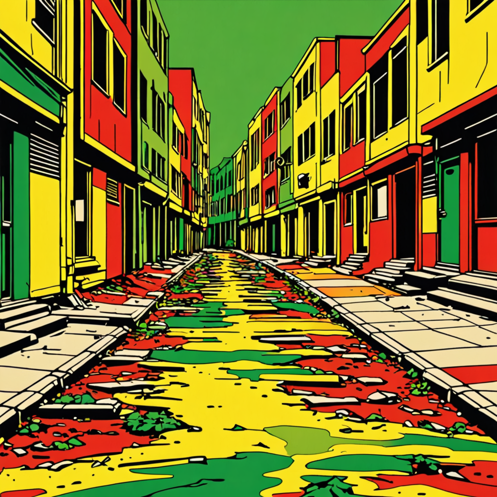 reggae aesthetic burned urban ground in yellow red green colors. flat ...